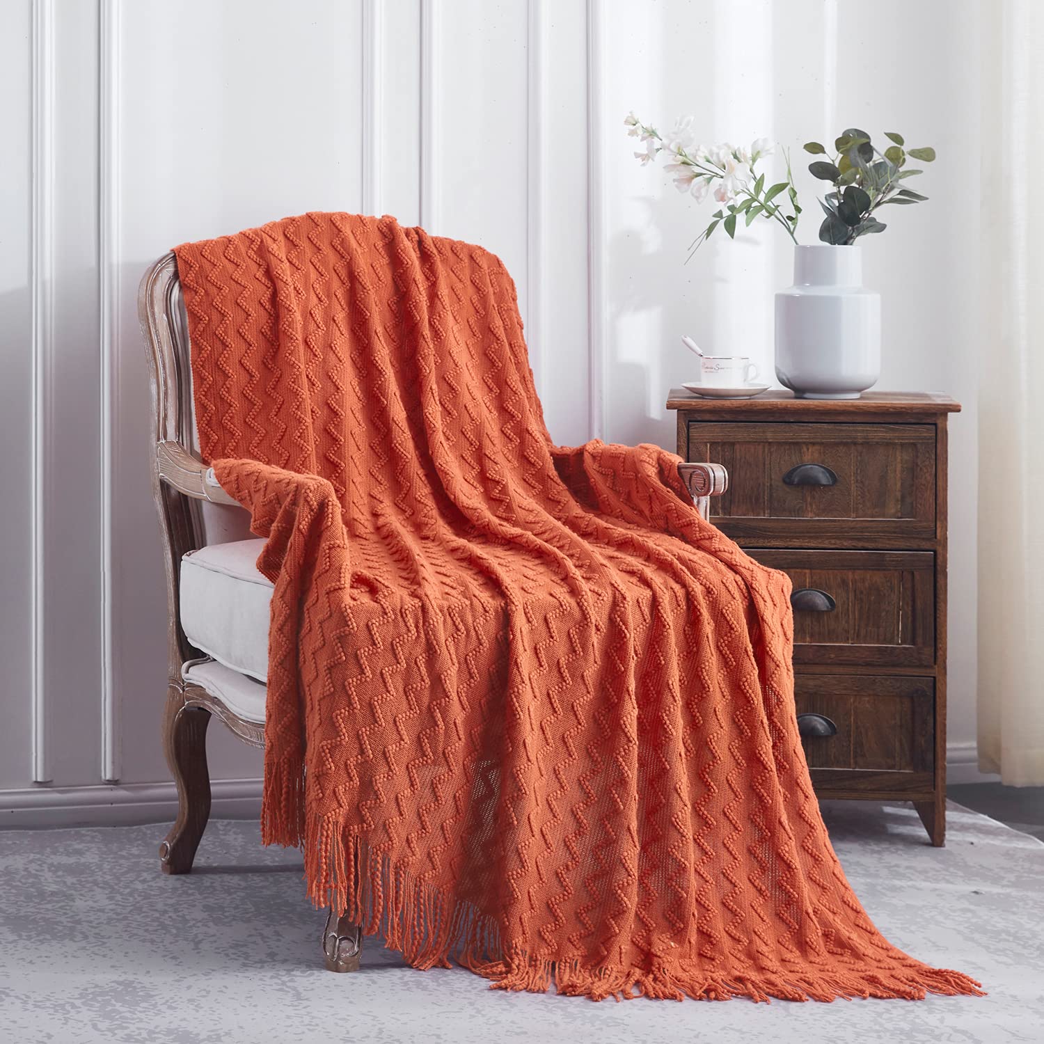 Lunarose Throw Blanket for Couch,Soft Cozy Knit Blanket,Lightweight Decorative Throw for Sofa Chair Bed Travel and Living Room-All Seasons Suitable for Women,Men and Kids (Orange-Wave, 50"x60")