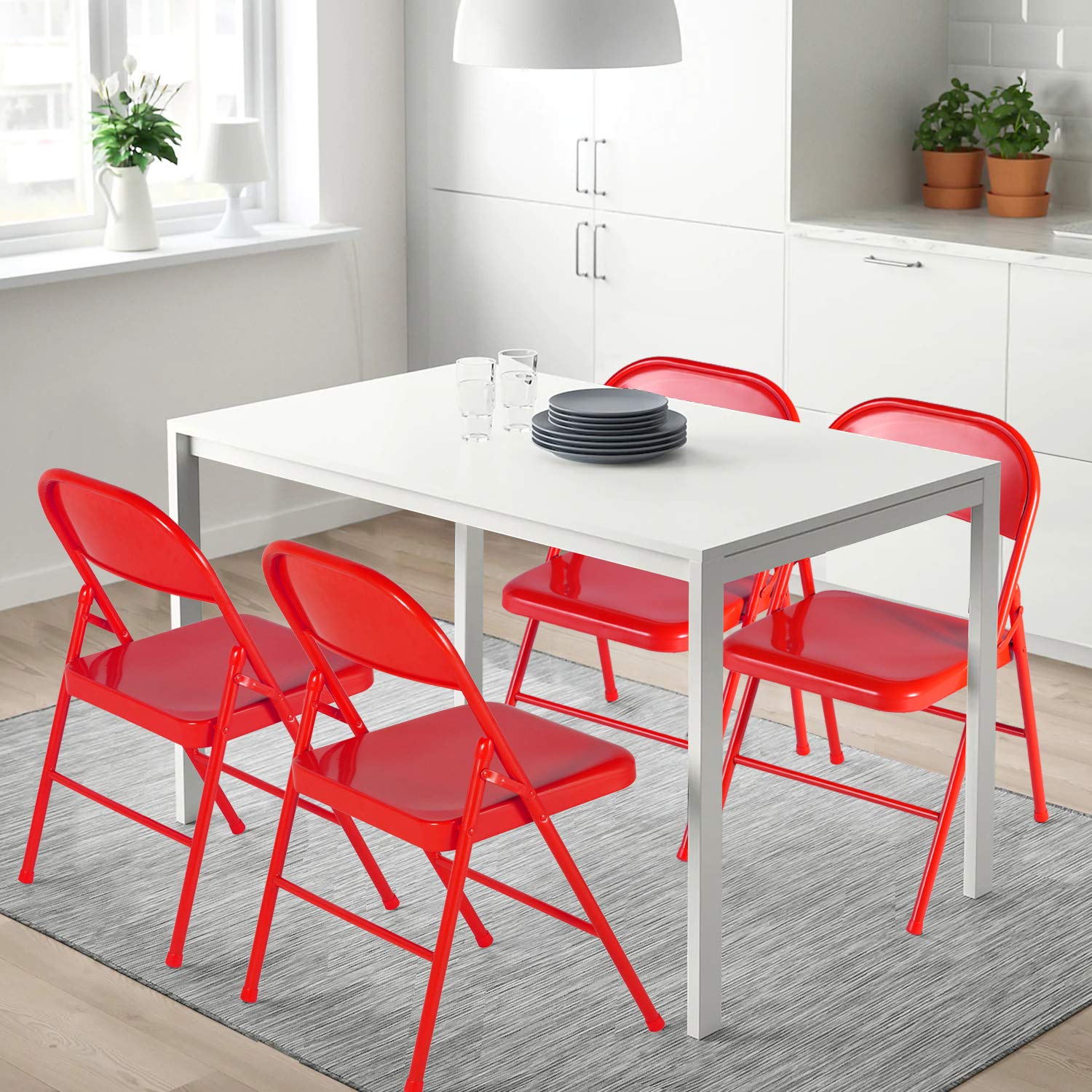 VECELO Folding Chairs Metal Frame Steel Seat with Triple Braced for Home Office,No-Assembly Heavy-Duty&Stackable Space Saving, Set of 4, True Red