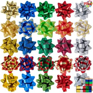 joyin 75 pcs 3 inch christmas self adhesive gift bows and 2 rolls of christmas curling ribbons for baskets, wine bottles decoration, gift wrapping and decoration present