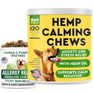 calming hemp treats + allergy relief treats bundle - hemp oil + omega 3 + pumpkin + enzymes - anxiety relief + itchy skin relief - separation aid + stress relief + seasonal allergies - 240 soft chews