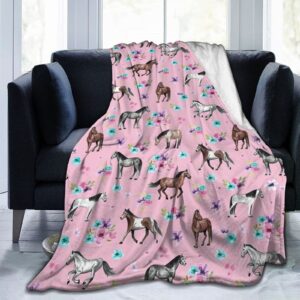 knsoiv fashion flannel plush throw blanket, horses flowers pink pattern little girls room watercolor throw for all seasons, warm air conditioning blanket 60"x50"