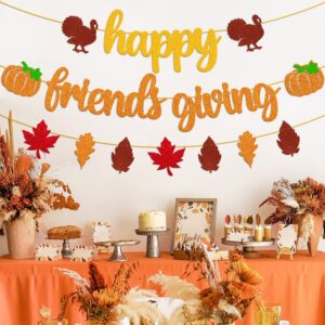 Happy Friends Giving Banner Fall Leaves Garland Thanksgiving Day Autumn Turkey Theme for Happy Friendsgiving Party Glitter Gold Decorations