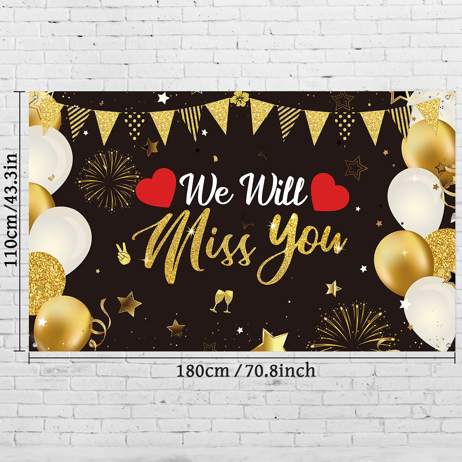 Irenare We Will Miss You Party Decoration, Extra Large Black Gold Going Away Party Backdrop Miss You Photography Background Banner for Farewell Anniversary Retirement Graduation Party,70.8 x 43.3 Inch