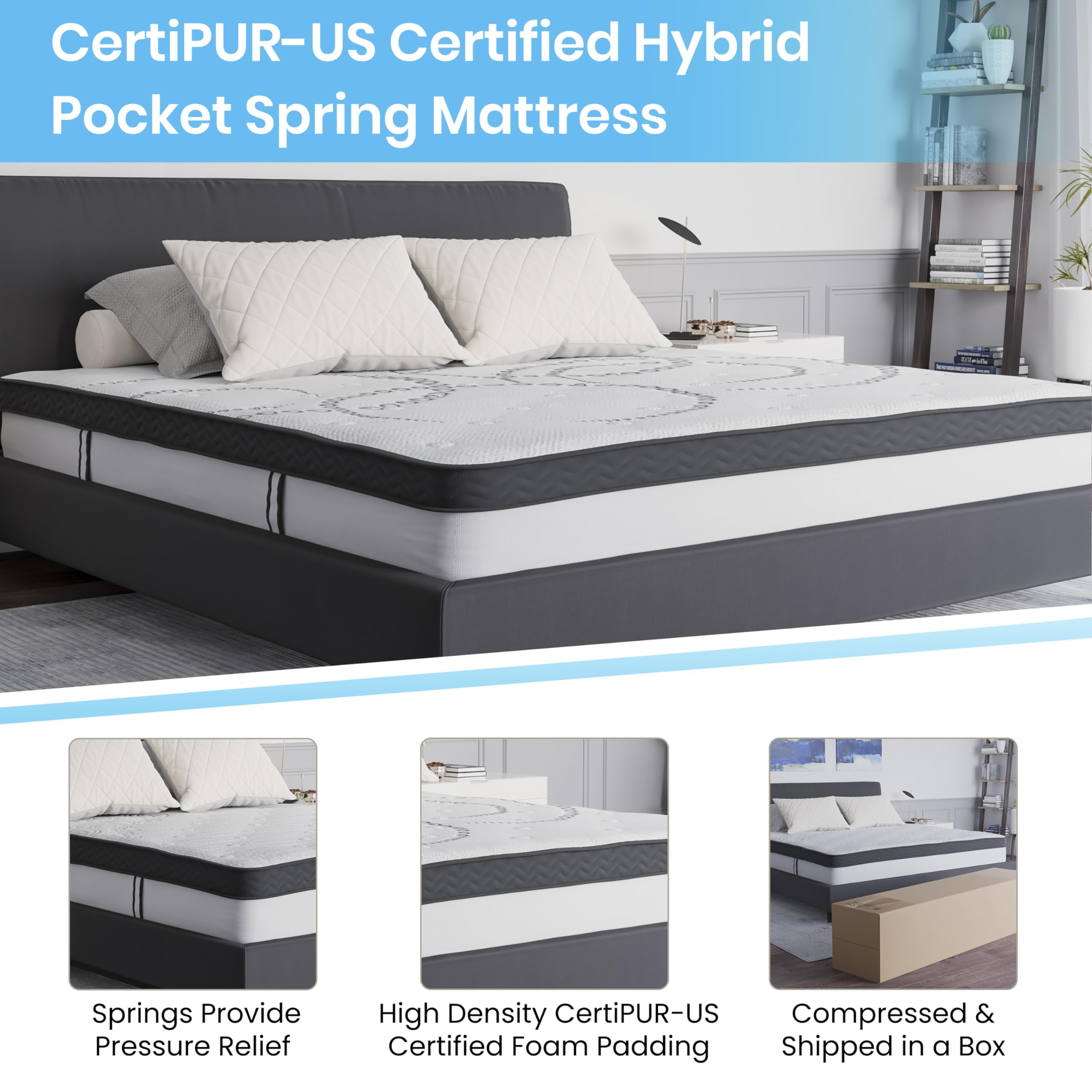 Merrick Lane Lofton 10" King Size Hybrid Mattress - CertiPUR-US Certified Foam & Pocket Spring Mattress - Mattress in a Box