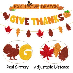 Give Thanks Banner Fall Autumn Leaves Turkey Thanksgiving Day Theme for Happy Thanksgiving Grateful Thankful Blessed Party Supplies Glitter Gold Decorations