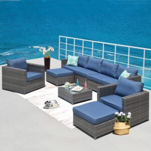 ovios 9 pieces patio furniture set, outdoor wicker rattan sectional sofa set with chairs couch, all weather assembled furniture set, no assembly, grey wicker, denim blue cushion