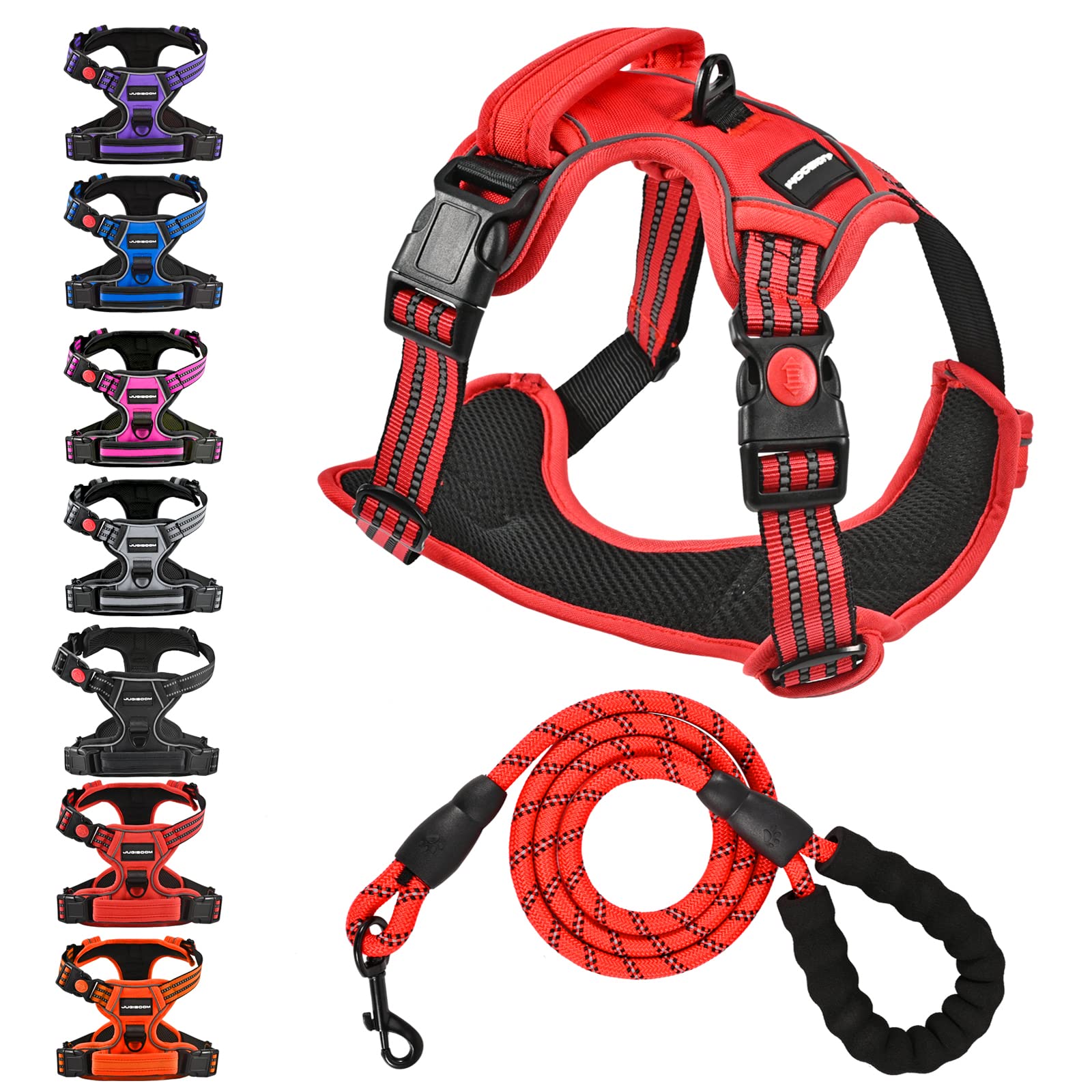 Juqiboom No Pull Dog Harness with A Free Heavy Duty 5ft Dog Leash, Adjustable Soft Padded Dog Vest, Reflective No-Choke Pet Oxford Vest with Easy Control Handle for Small and Large Dogs (Red, Medium)