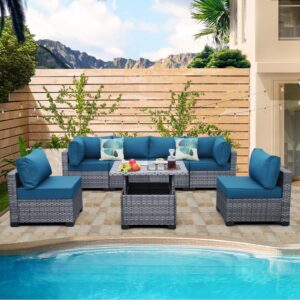 lviden 7 pieces pe wicker patio furniture set outdoor sectional conversation sofa set with liftable storage table, non-slip cushions and furniture cover, peacock blue