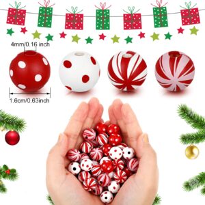 100 Pieces Candy Cane Wooden Beads 0.63 Inch Christmas Dotted Striped, Colorful Round Spacer Natural Farmhouse Craft Beads with Hole for DIY Craft Supplies Holiday 4 Colors (red)