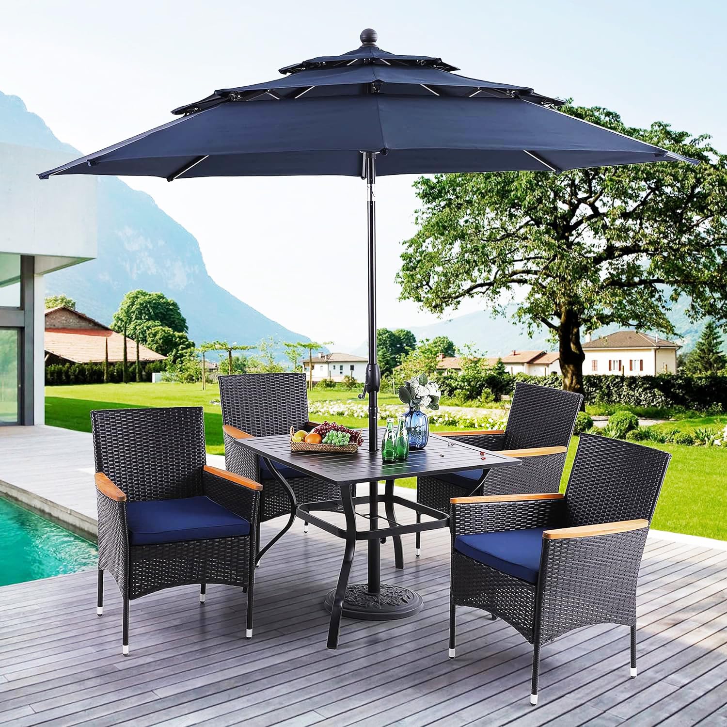 PHI VILLA 6 pcs Patio Dining Set with Umbrella(Navy Blue),1 Square Metal Table, 4 Outdoor All Weather PE Rattan Chairs & 1 10ft 3 Tier Auto-tilt Umbrella (Base Not Included)