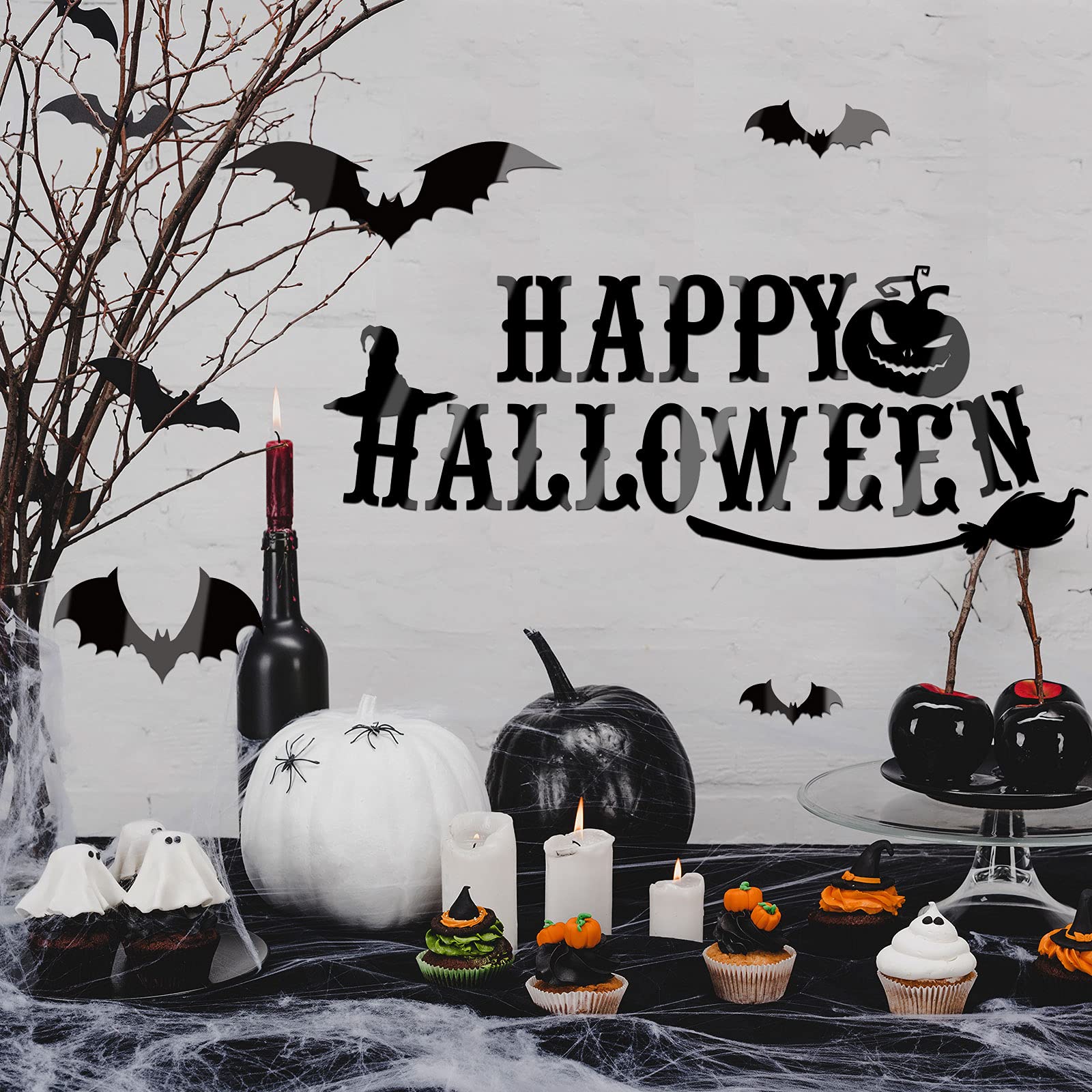 Zonon Halloween Bat Sticker Acrylic Black Bat Pumpkin Wall Decor Halloween Theme Wall Decor for Halloween Party Home Wall Window Bedroom Office Party Decoration Supplies