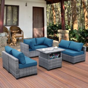 Lviden 7 Pieces PE Wicker Patio Furniture Set Outdoor Sectional Conversation Sofa Set with Liftable Storage Table, Non-Slip Cushions and Furniture Cover, Peacock Blue