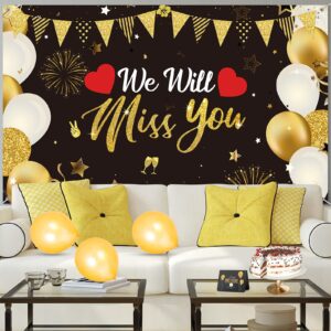 Irenare We Will Miss You Party Decoration, Extra Large Black Gold Going Away Party Backdrop Miss You Photography Background Banner for Farewell Anniversary Retirement Graduation Party,70.8 x 43.3 Inch