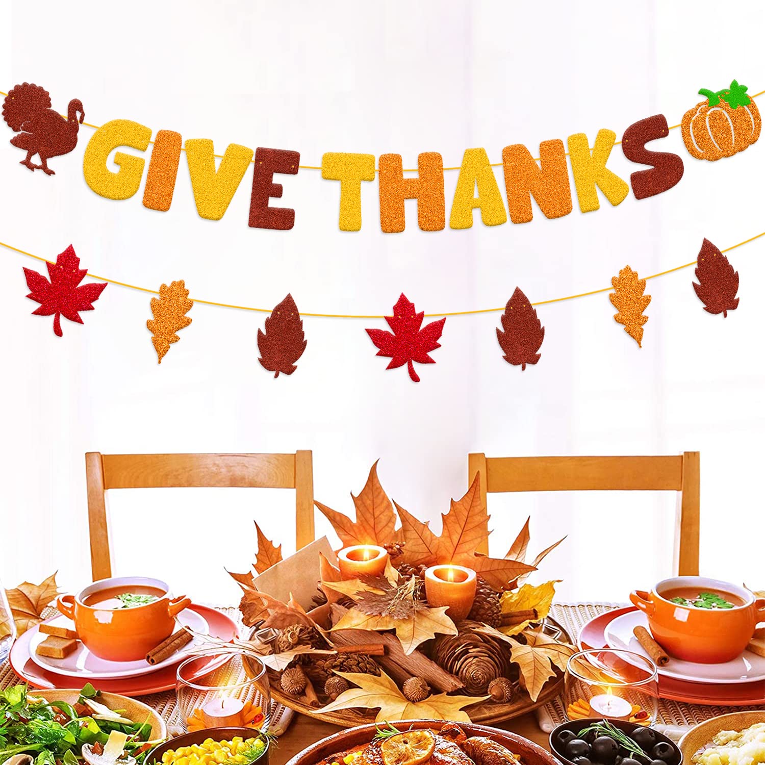 Give Thanks Banner Fall Autumn Leaves Turkey Thanksgiving Day Theme for Happy Thanksgiving Grateful Thankful Blessed Party Supplies Glitter Gold Decorations