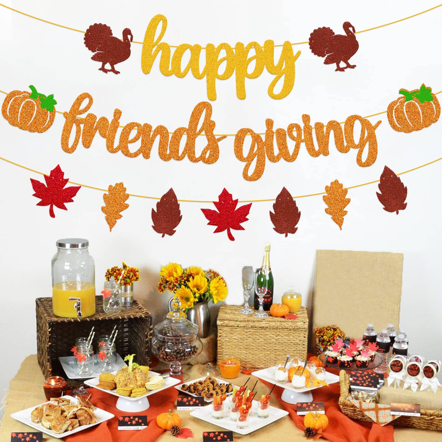 Happy Friends Giving Banner Fall Leaves Garland Thanksgiving Day Autumn Turkey Theme for Happy Friendsgiving Party Glitter Gold Decorations