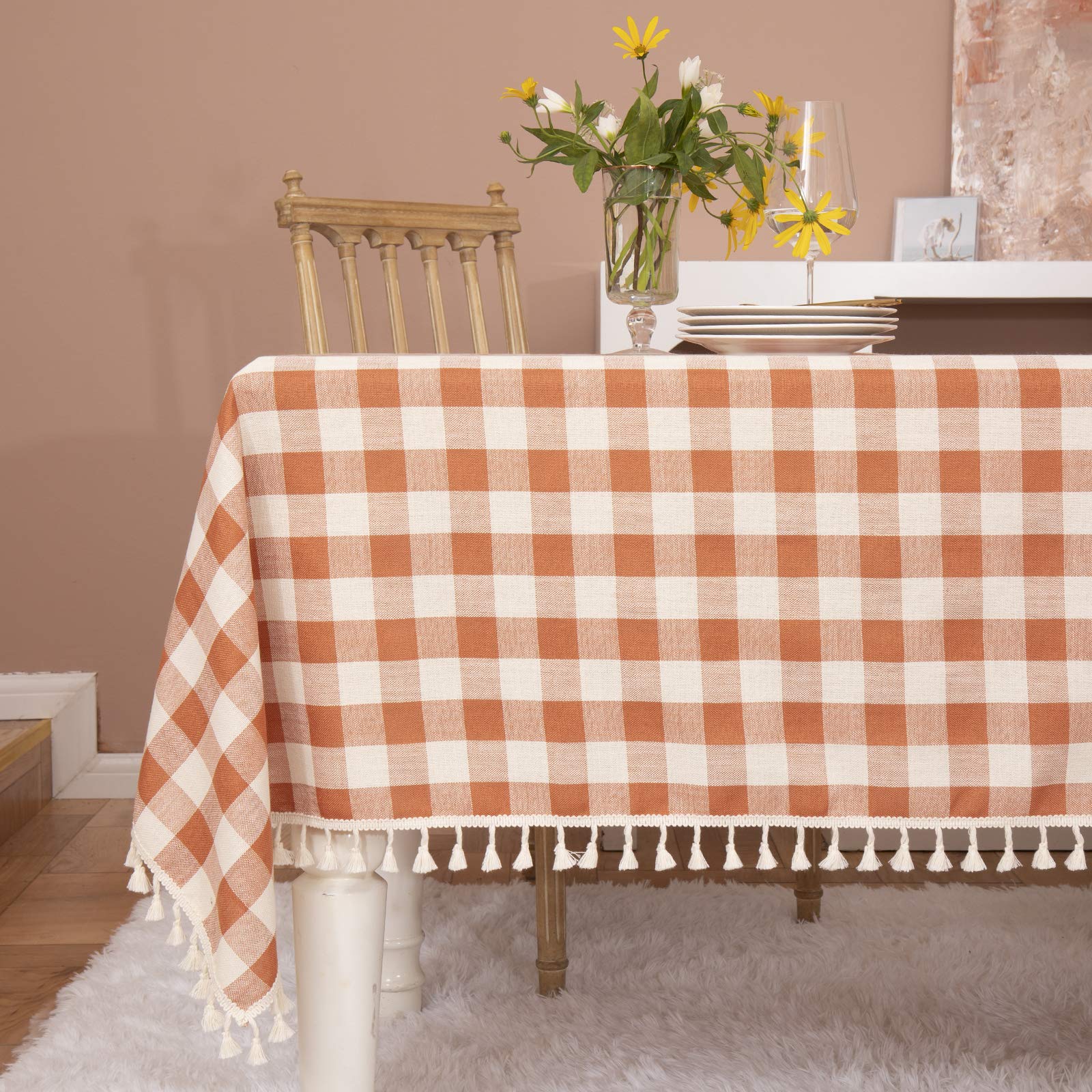 Midsummer Breeze Rustic Plaid Thanksgiving Tablecloth-Country Buffalo Check Cotton Table Cloth for Spring Fall Farmhouse Kitchen Dining Restaurant Decoration(Rectangle/Oblong, 55x70, Orange)