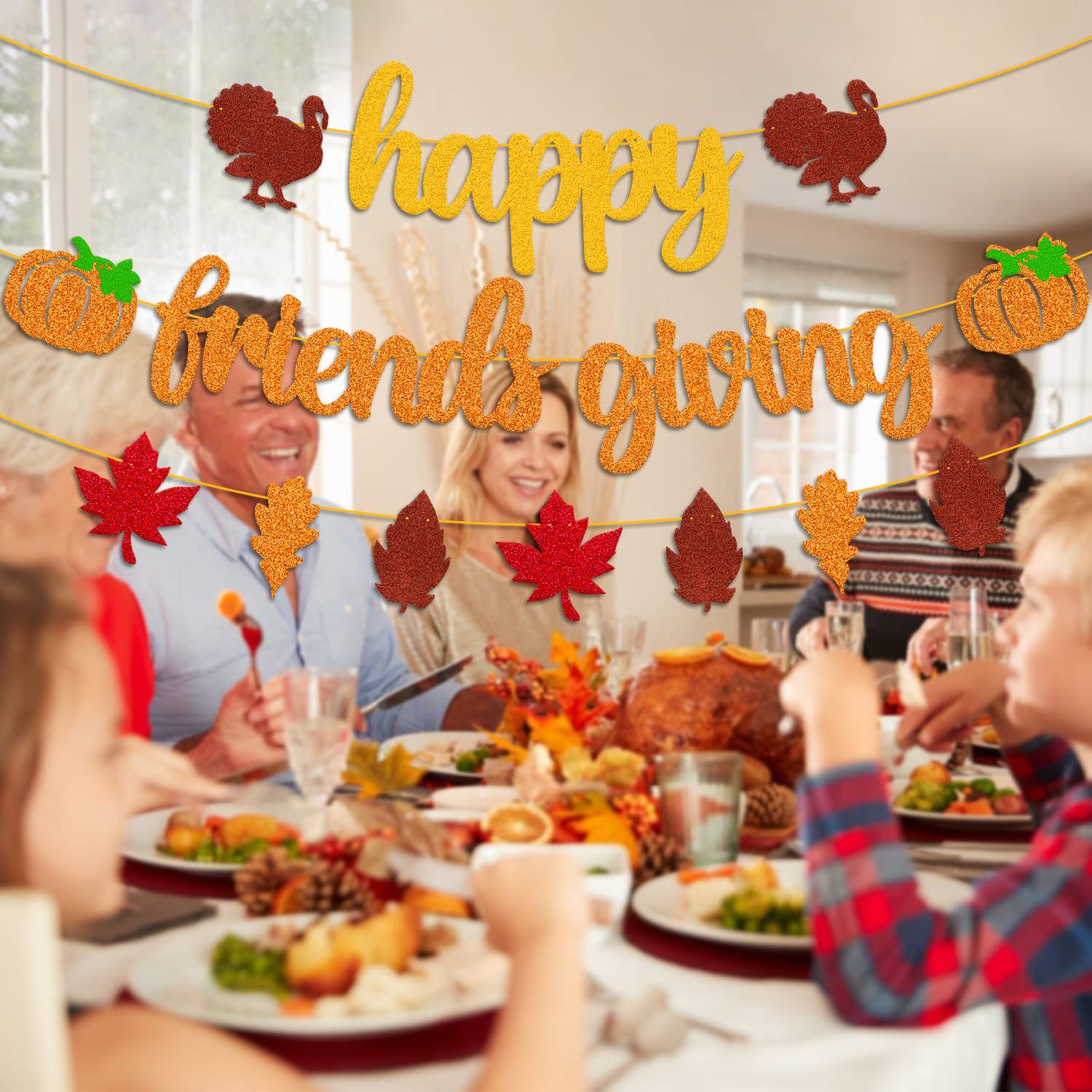 Happy Friends Giving Banner Fall Leaves Garland Thanksgiving Day Autumn Turkey Theme for Happy Friendsgiving Party Glitter Gold Decorations