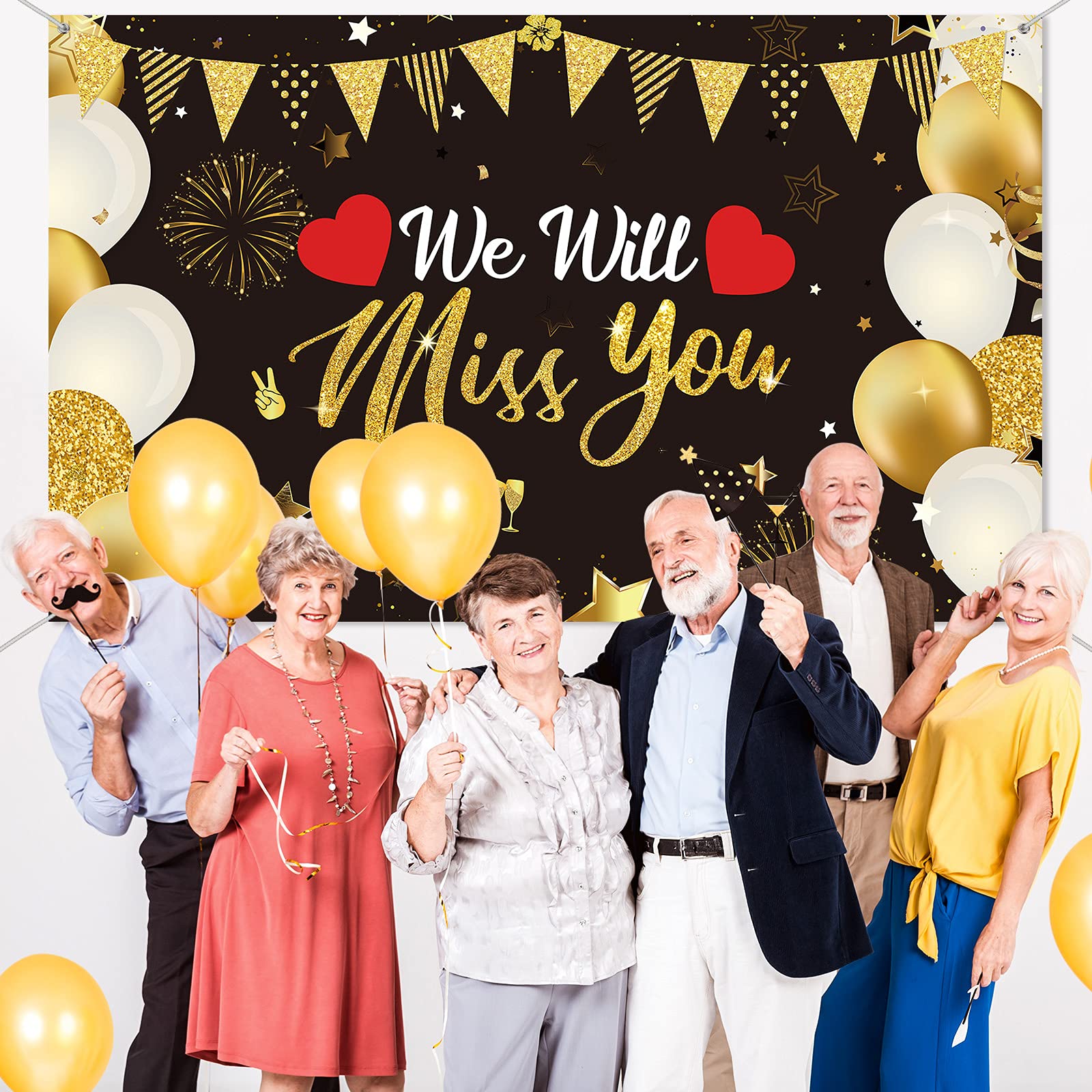 Irenare We Will Miss You Party Decoration, Extra Large Black Gold Going Away Party Backdrop Miss You Photography Background Banner for Farewell Anniversary Retirement Graduation Party,70.8 x 43.3 Inch