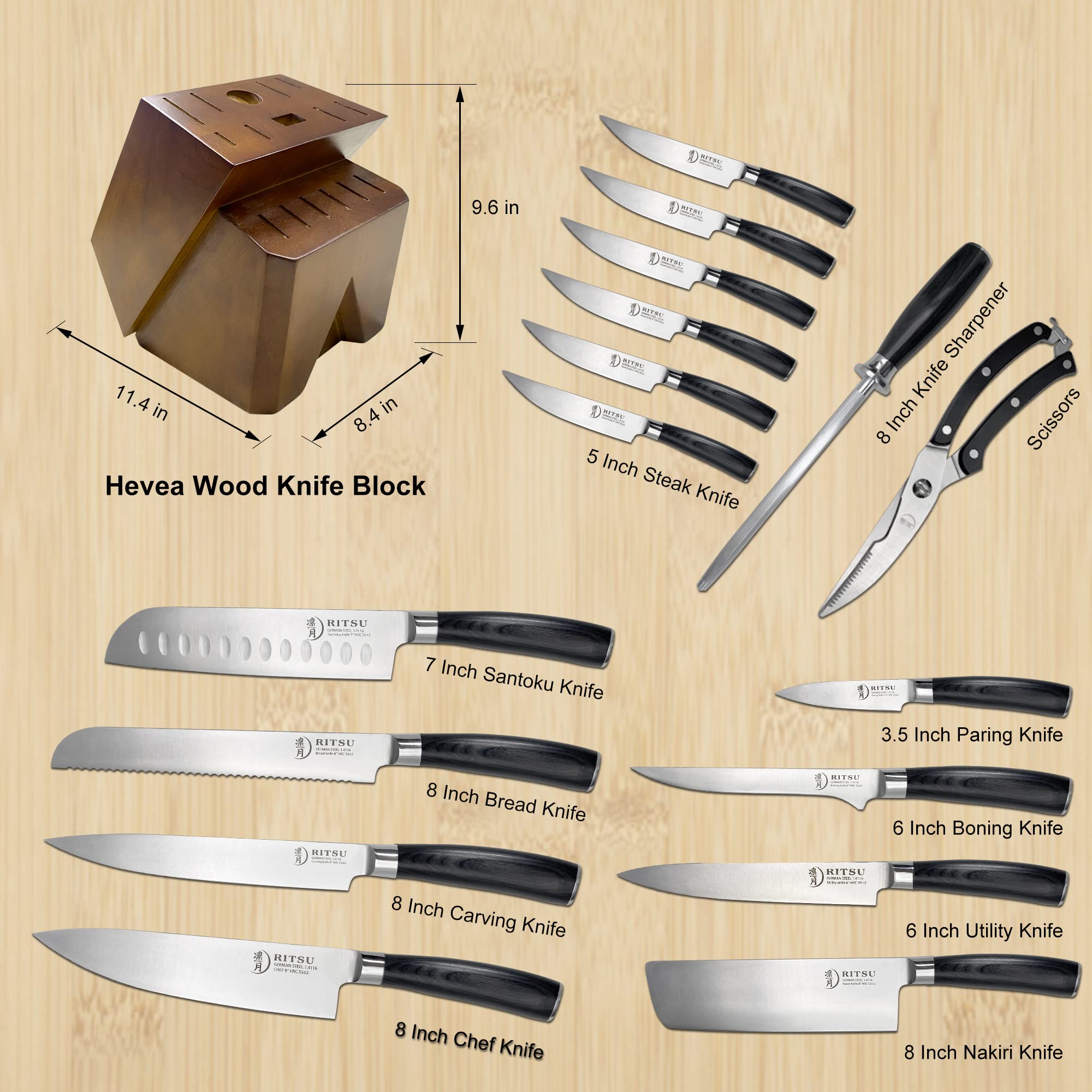 RITSU Knife Set, 17 Pieces Kitchen Knife Set with Block, 1.4116 German Steel knife set with sharpener, 6 Pieces Steak Knife Set, Professional Chef Knife Set & Scissor, Suitable for Home Kitchen