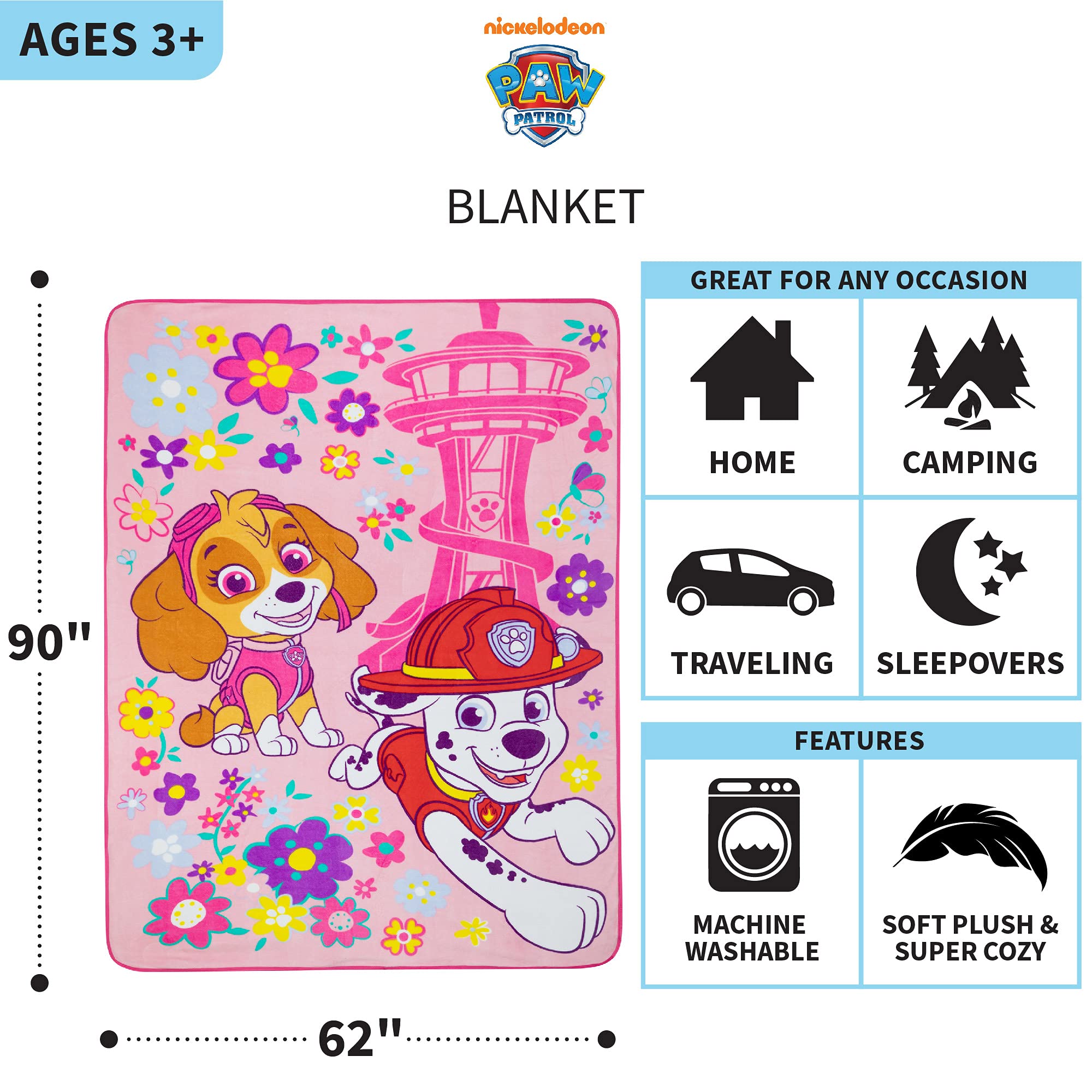 Paw Patrol Girls Kids Bedding Super Soft Plush Micro Raschel Blanket, 62 in x 90 in, (Official) Nickelodeon Product By Franco