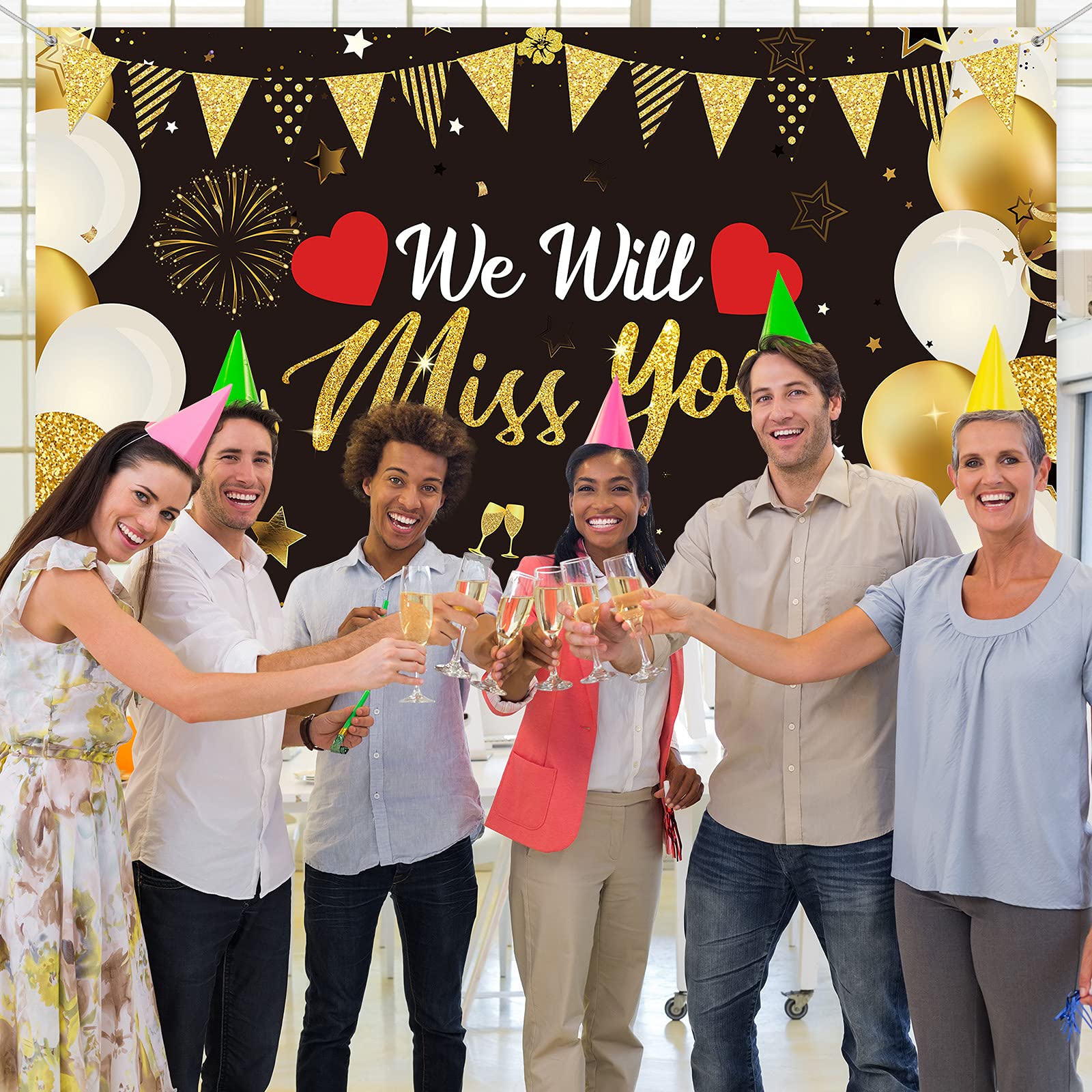 Irenare We Will Miss You Party Decoration, Extra Large Black Gold Going Away Party Backdrop Miss You Photography Background Banner for Farewell Anniversary Retirement Graduation Party,70.8 x 43.3 Inch