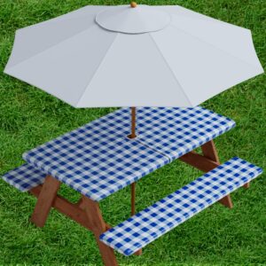 sorfey vinyl umbrella picnic table and bench fitted tablecloth cover, checkered design, flannel backed lining, 30x72 inch, 3-piece set, blue