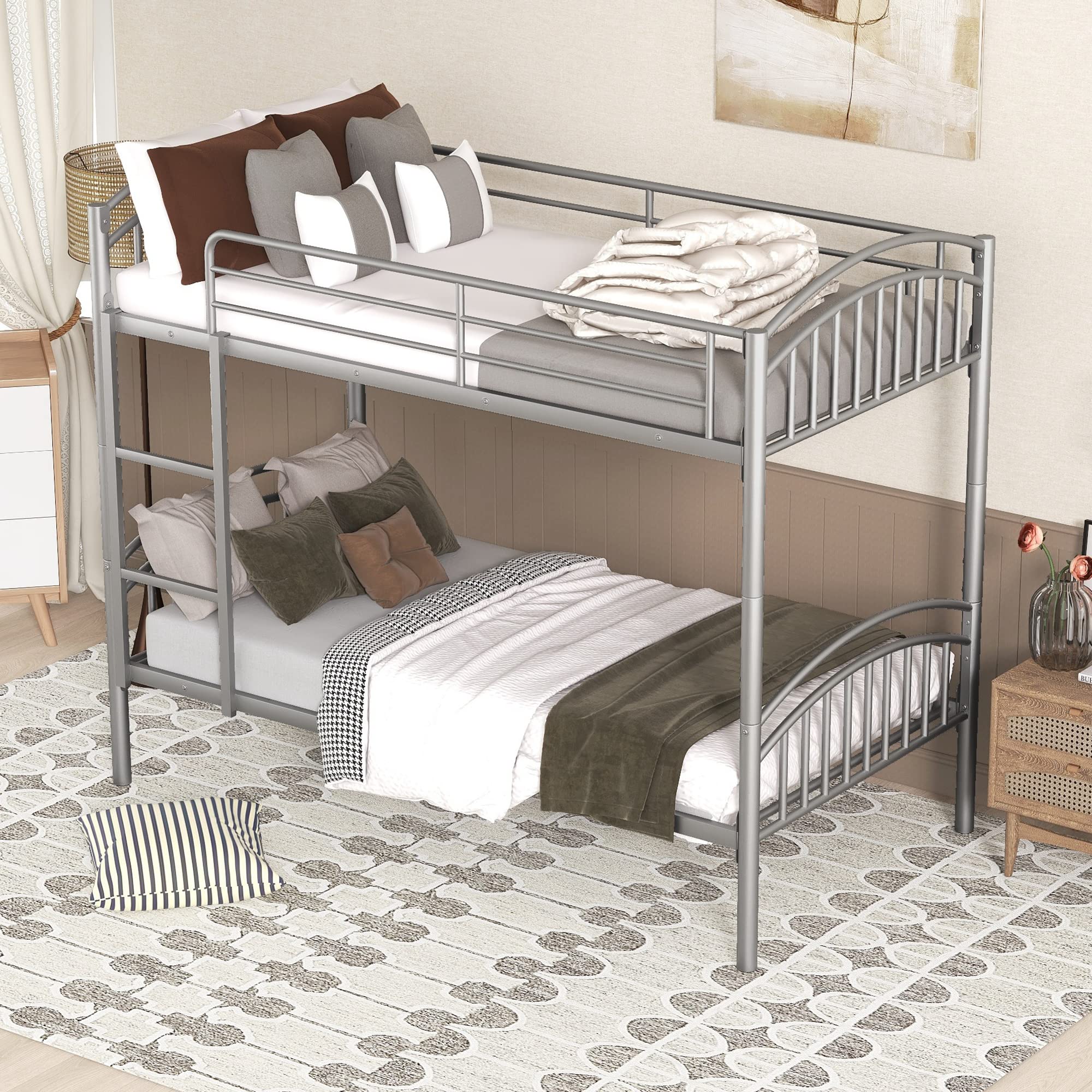 Twin Over Twin Metal Bunk Beds, Convertible Bunk Bed Divided into Two Beds for Kids Boys Girls Teens, Silver