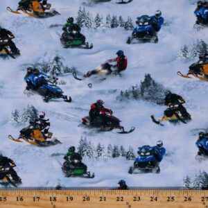 cotton snowmobiling snowmobiles winter snow sports activities in motion blue cotton fabric print by the yard (d678.85)