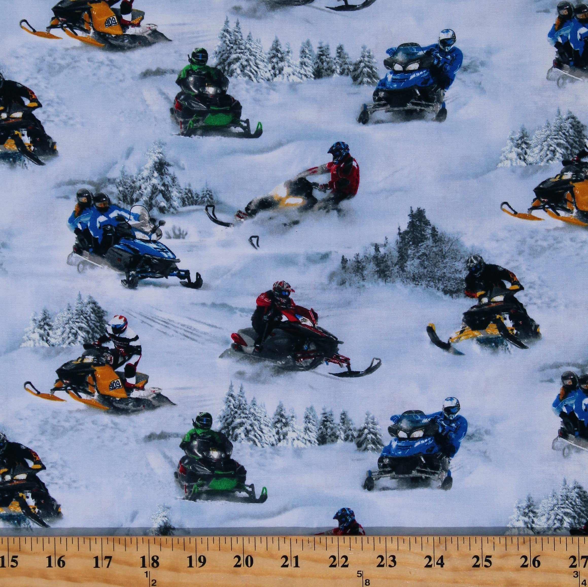 Cotton Snowmobiling Snowmobiles Winter Snow Sports Activities in Motion Blue Cotton Fabric Print by The Yard (D678.85)