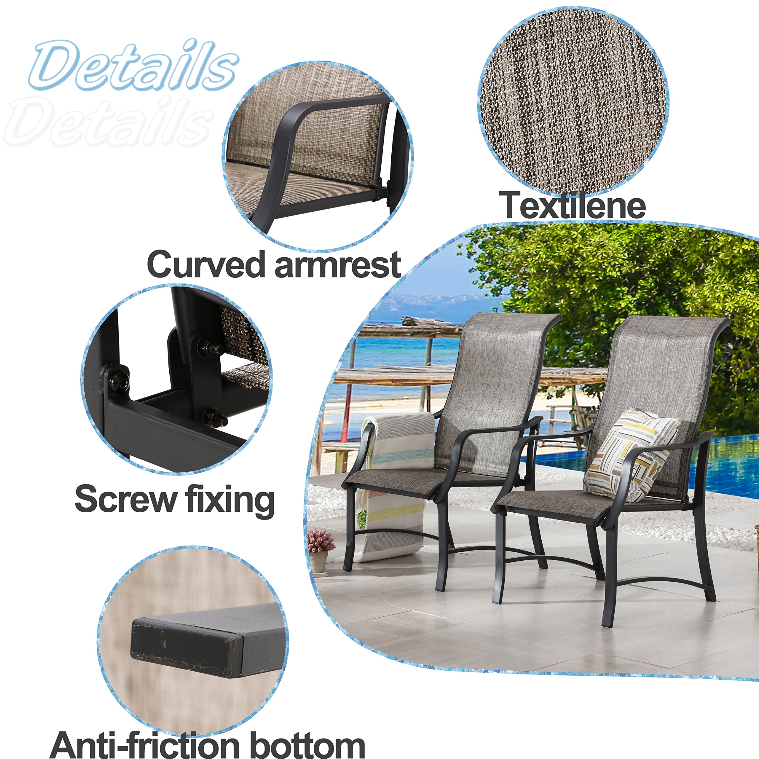 LOKATSE HOME Dining Chairs High Backrest Teslin Bar Set of 2 Outdoor Metal Furniture for Garden Patio Pool Beach Yard, Grey