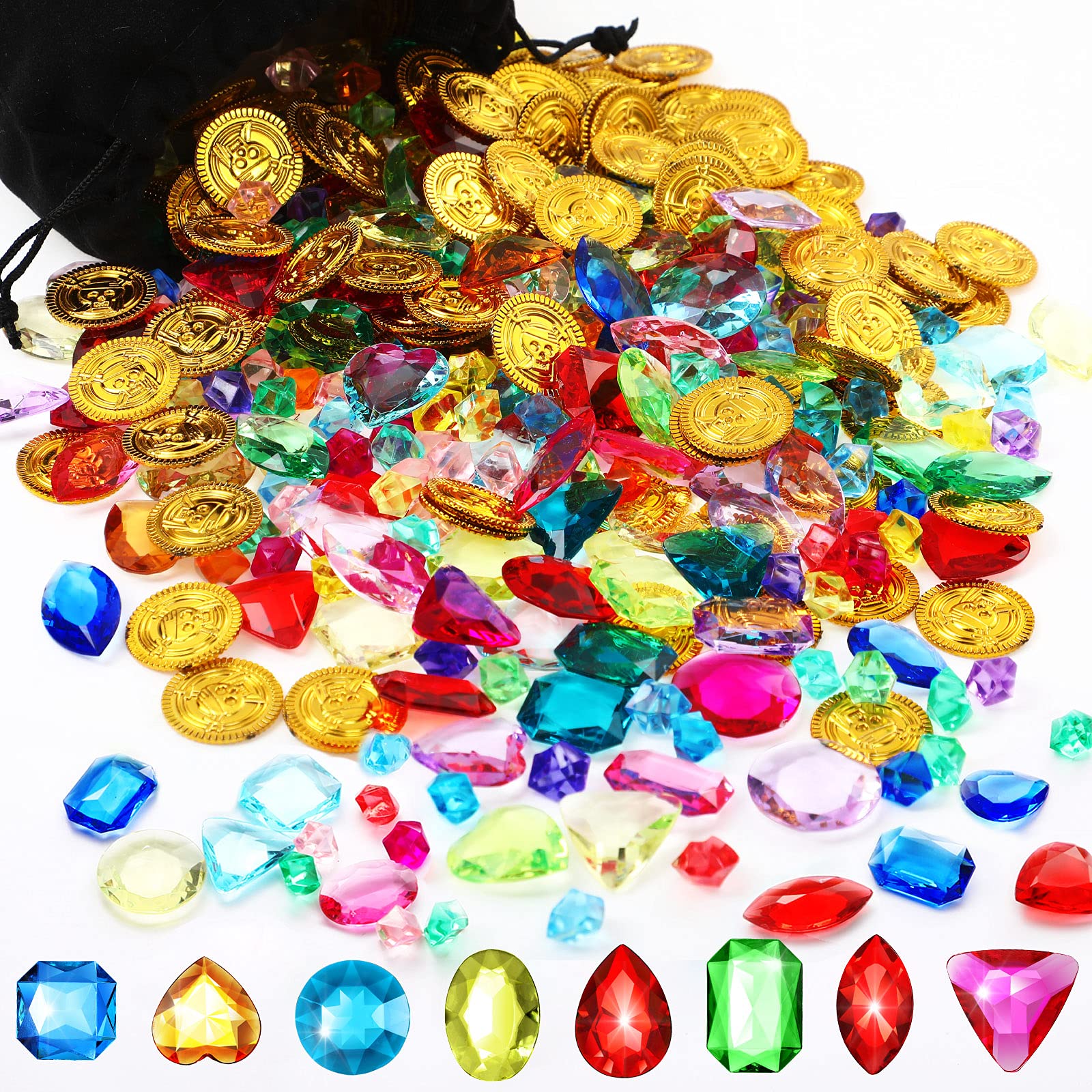 Gejoy 430 Pieces Pirate Party Decorations Pirate Treasure Jewels and Pirate Gold Fake Coins Playset with Drawstring Bag for Halloween Pirate Adventure Themed Party Decorations Pirate Party Favors