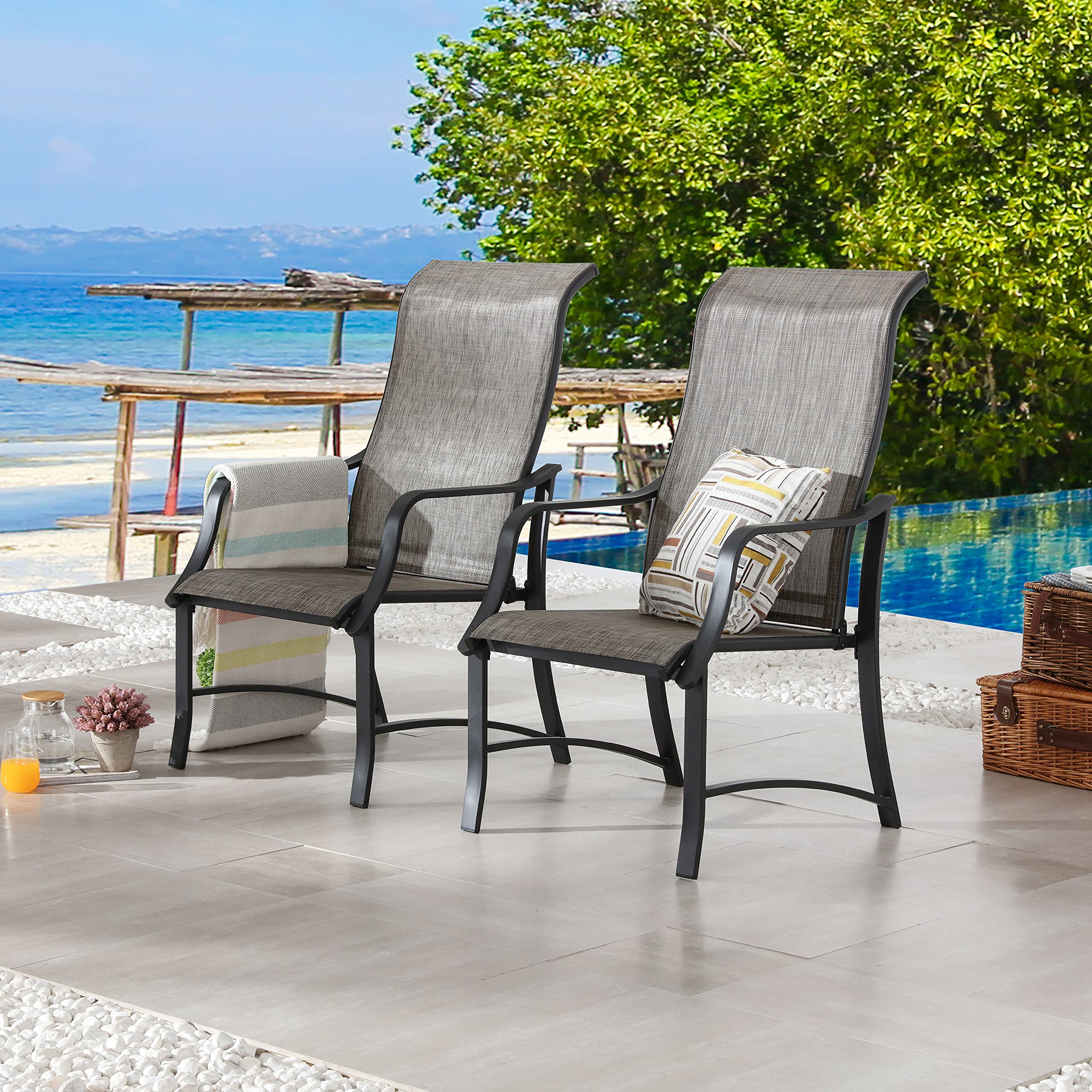 LOKATSE HOME Dining Chairs High Backrest Teslin Bar Set of 2 Outdoor Metal Furniture for Garden Patio Pool Beach Yard, Grey