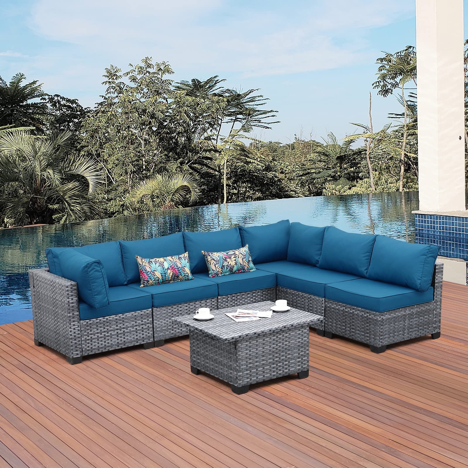 Lviden 7 Pieces PE Wicker Patio Furniture Set Outdoor Sectional Conversation Sofa Set with Liftable Storage Table, Non-Slip Cushions and Furniture Cover, Peacock Blue