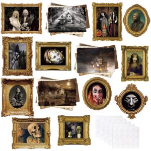 ioffersuper 14pcs haunted pictures gothic mansion portraits horror pictures frame 3d face expression scary picture for haunted house home halloween party decor, with 100pcs self adhesive dots