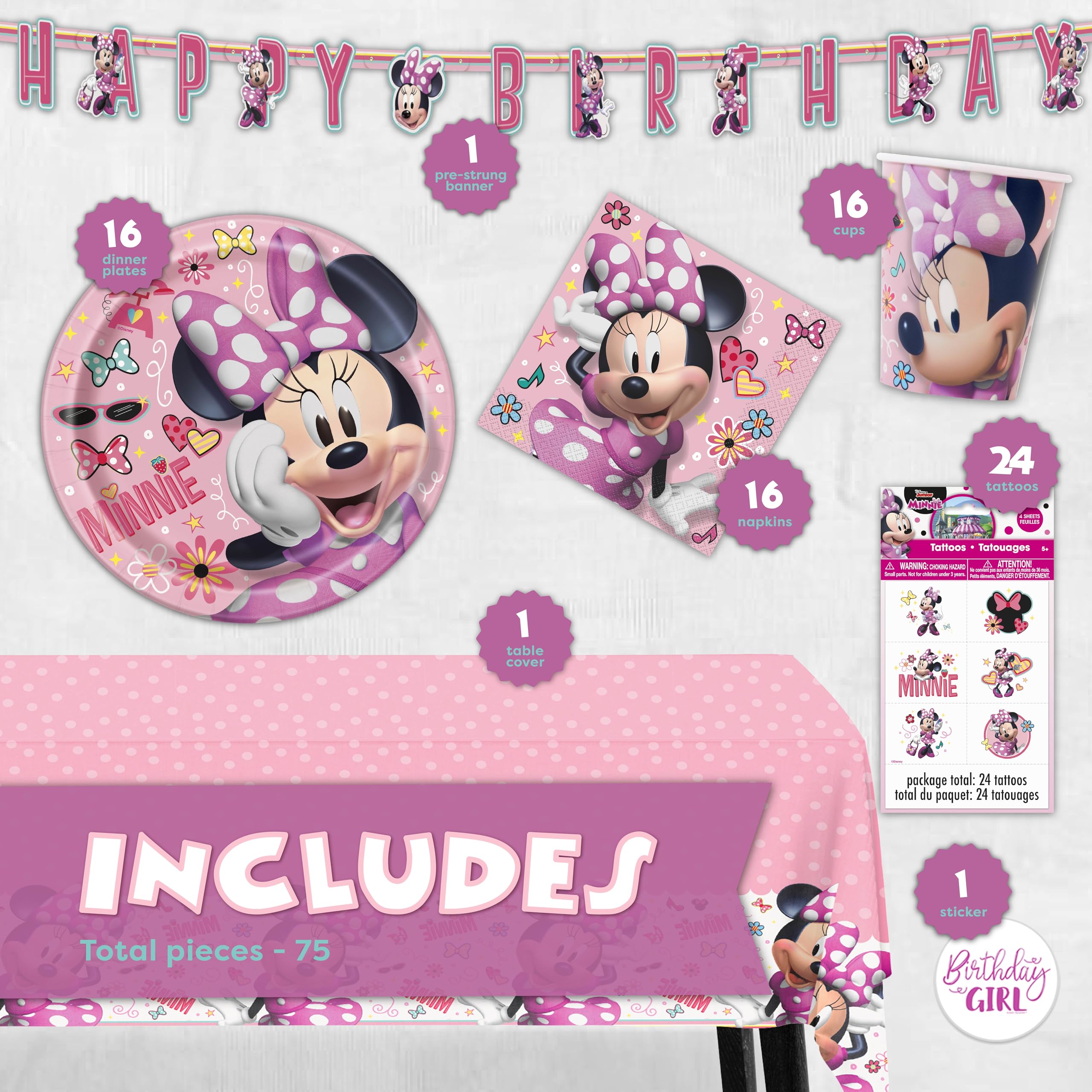 Minnie Mouse Birthday Party Supplies | Minnie Mouse Party Decorations | Minnie Mouse Party Supplies | Serves 16 Guests with Banner, Table Cover, Plates, Napkins, Sticker