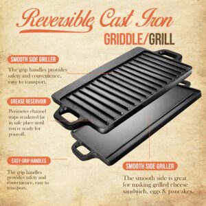 Cast Iron Griddle Plate 13 x 8 inch | Reversible Cast Iron Grill/Griddle Pan | Double Sided Stove Top Griddle On Single Burner | Pre-Seasoned Small Cast Iron Griddle 1 Piece