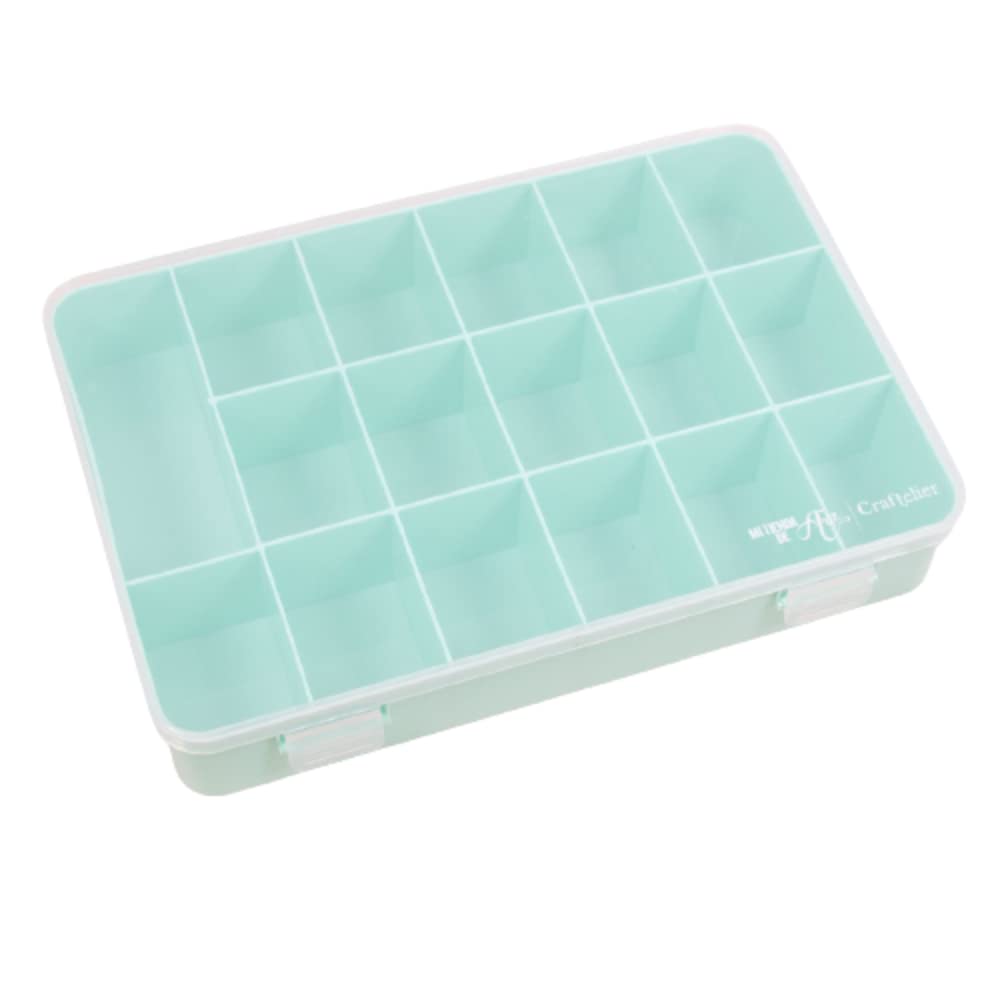 Craftelier - Organizer Box with 17 Compartments for Cardmaking, Scrapbooking and Craft Supplies | Dimensions 26.5 x 17.8 x 4.2 cm (10.4“ x 7” x 1.65") - Transparent and Turquoise Color