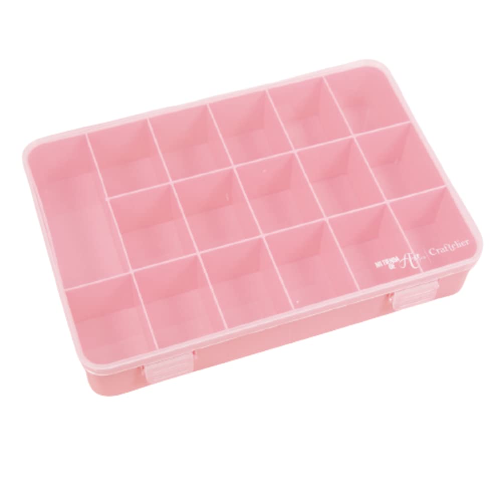 Craftelier - Organizer Box with 17 Compartments for Cardmaking, Scrapbooking and Craft Materials | Dimensions 26.5 x 17.8 x 4.2 cm (10.4“ x 7” x 1.65") -Transparent and Pink Color