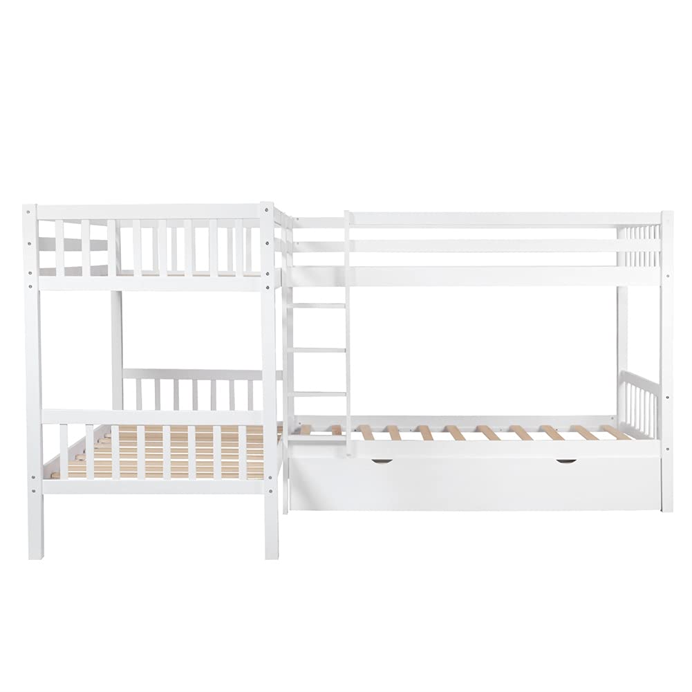 L-Shaped Bunk Bed with Drawers, Wood Twin Over Twin Bunk Beds with Drawers for Kids, Teens, Adults (White)