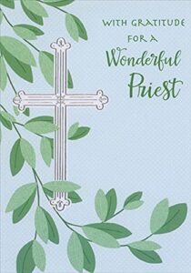 designer greetings silver and white cross : green branches and leaves clergy appreciation day card for priest