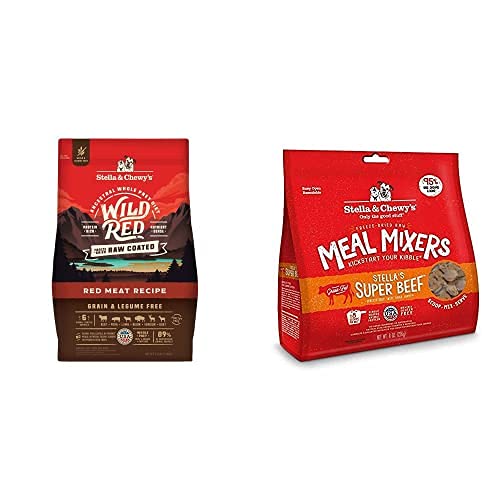 Stella & Chewy's Wild Red Raw Coated Kibble Dry Dog Food Grain Free Red Meat Recipe, 3.5lb Bag + Freeze-Dried Raw Meal Mixers Dog Food Topper Stella's Super Beef Recipe, 8oz Bag