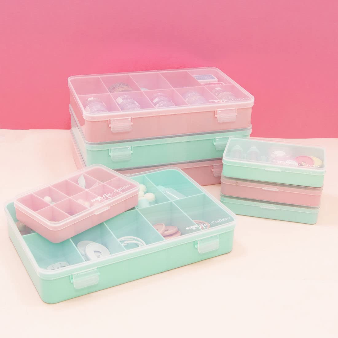 Craftelier - Organizing Box with 10 Compartments for Scrapbooking and Craft Materials | Dimensions 26.5 x 17.8 x 4.2 cm (10.4“ x 7” x 1.65") - Pink and Transparent Color