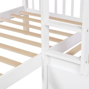 L-Shaped Bunk Bed with Drawers, Wood Twin Over Twin Bunk Beds with Drawers for Kids, Teens, Adults (White)