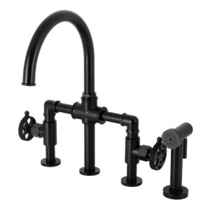 kingston brass ks2330rkx webb two-handle 4-hole deck mount bridge kitchen faucet with knurled handle and brass side sprayer in matte black