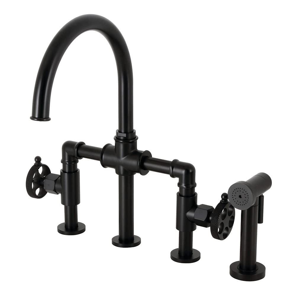 Kingston Brass KS2330RKX Webb Two-Handle 4-Hole Deck Mount Bridge Kitchen Faucet with Knurled Handle and Brass Side Sprayer in Matte Black