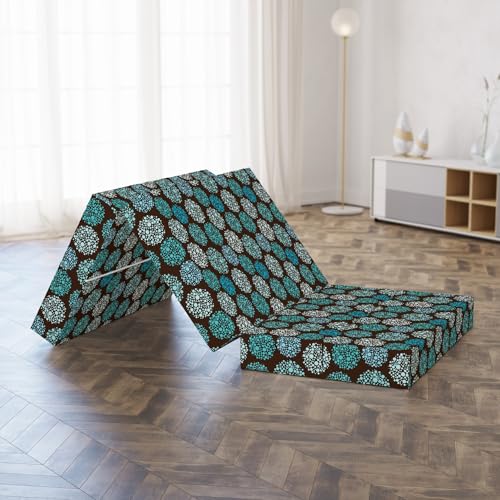 Ambesonne Brown and Blue Foldable Mattress, Dots and Circles, 74.8" x 39.4", Brown Turquoise White