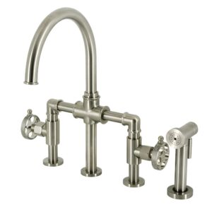 kingston brass ks2338rkx webb two-handle 4-hole deck mount bridge kitchen faucet with knurled handle and brass side sprayer in brushed nickel