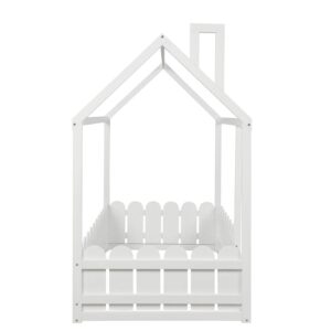 AOCOROE Twin Size House Bed for Boys and Girl Wood Twin Platform Bed Frame Playhouse Design Canopy Bed Tent Bed with Roof and Fence, Floor Height,White