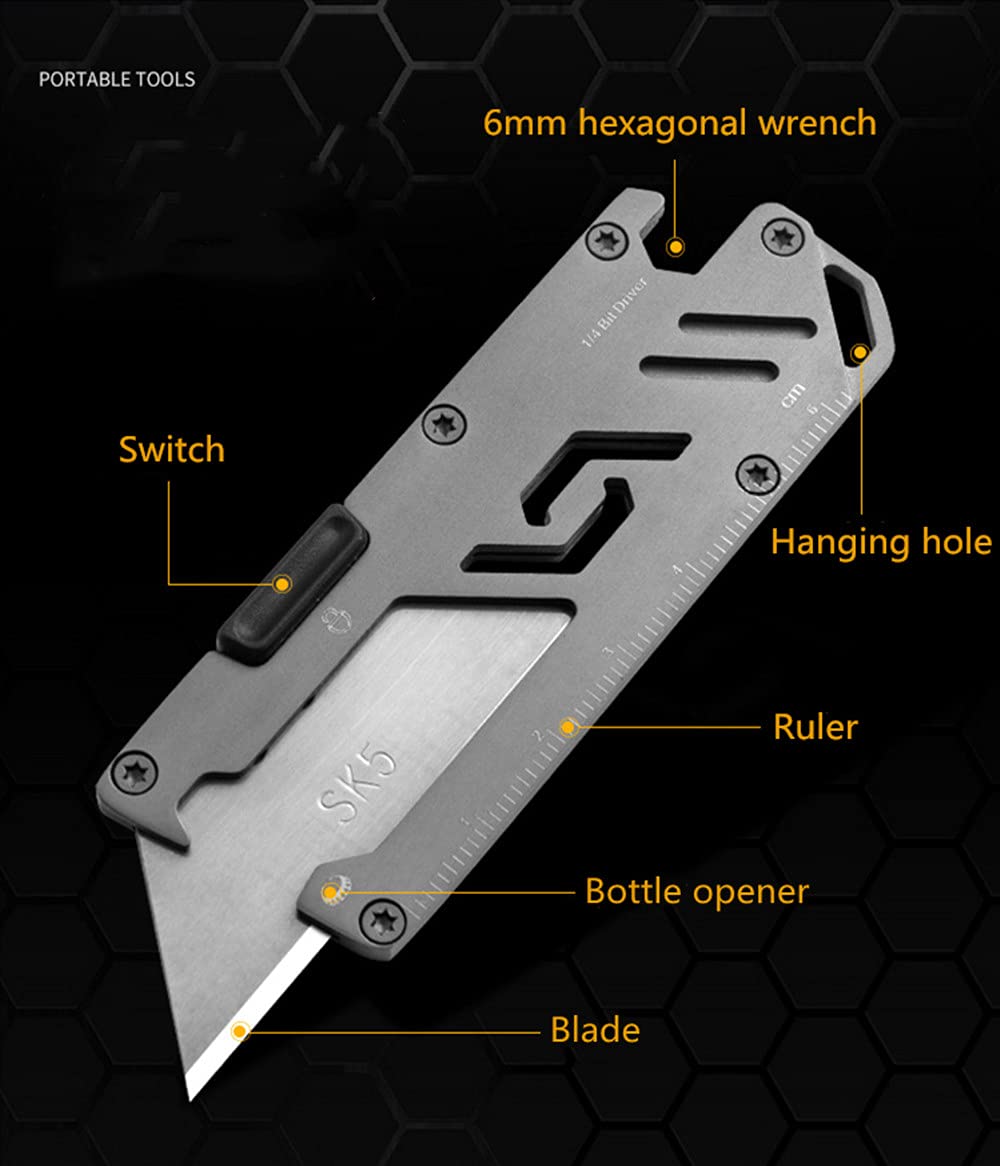 KUNSON Stainless Steel Keychain Utility Knife, Portable Pocket Retractable Box Cutter for Cartons, Cardboard and Boxes, Office and Home EDC Use Extra 5 Blades Included, Grey