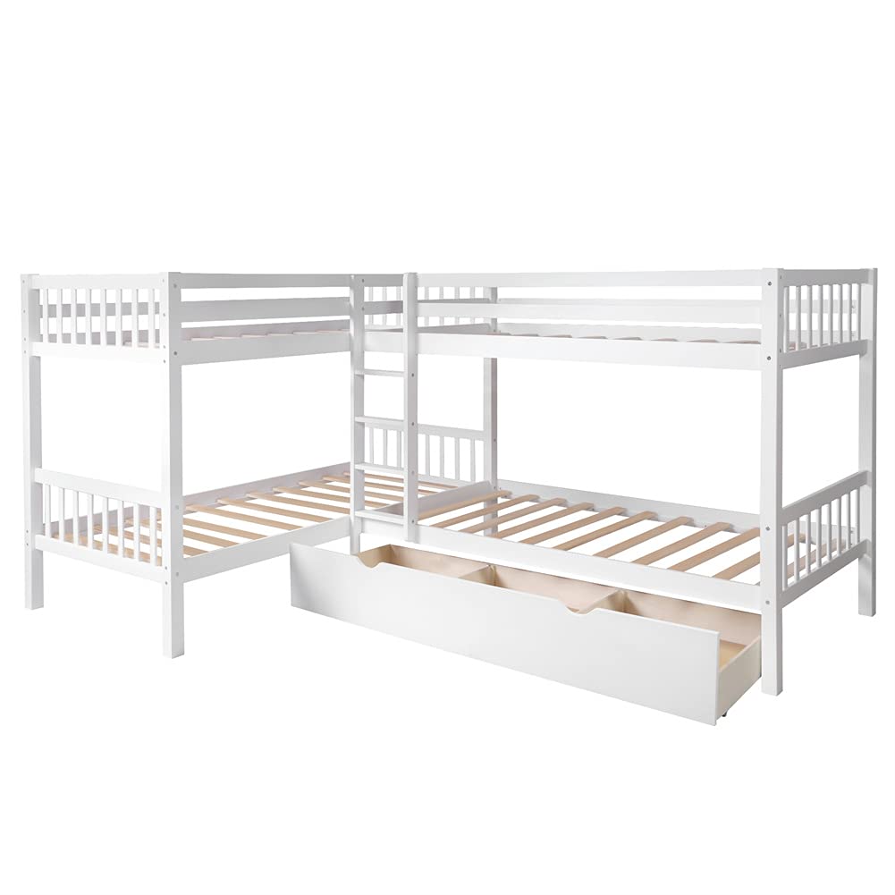 L-Shaped Bunk Bed with Drawers, Wood Twin Over Twin Bunk Beds with Drawers for Kids, Teens, Adults (White)